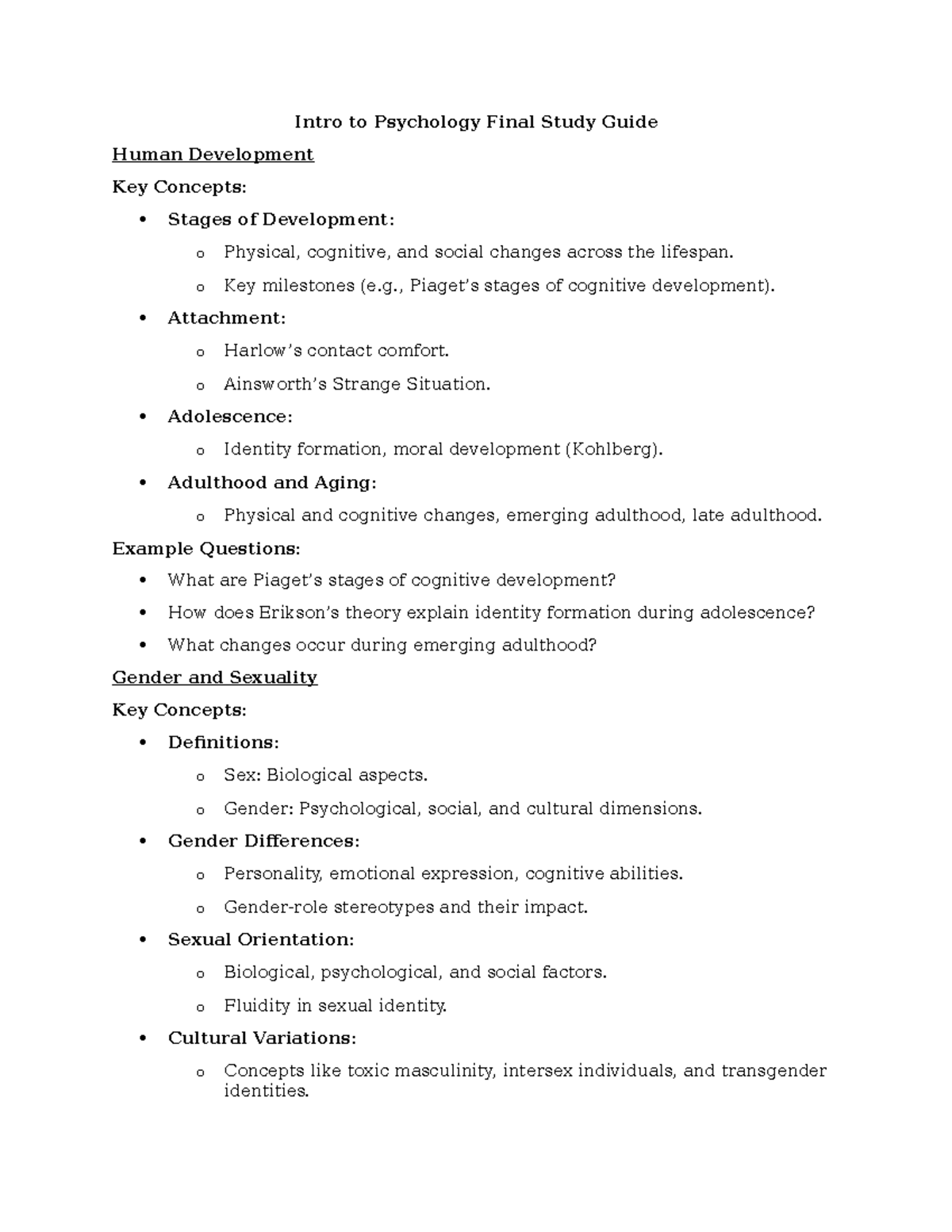 Intro to Psychology PSY101 Final Study Guide: Key Concepts & Questions ...