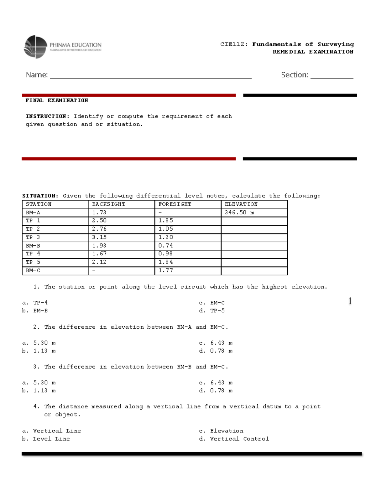 CIE 112 Remedial Exam Review: Surveying Concepts and Calculations - Studocu