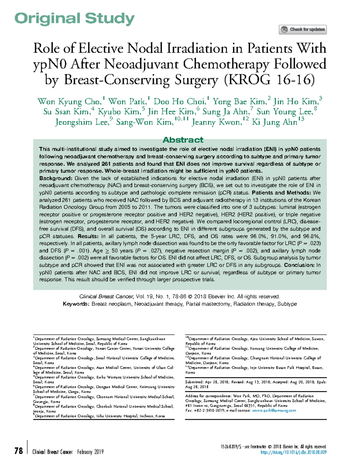 Role of Elective Nodal Irradiation in ypN0 Patients Post-NAC (KROG 16 ...