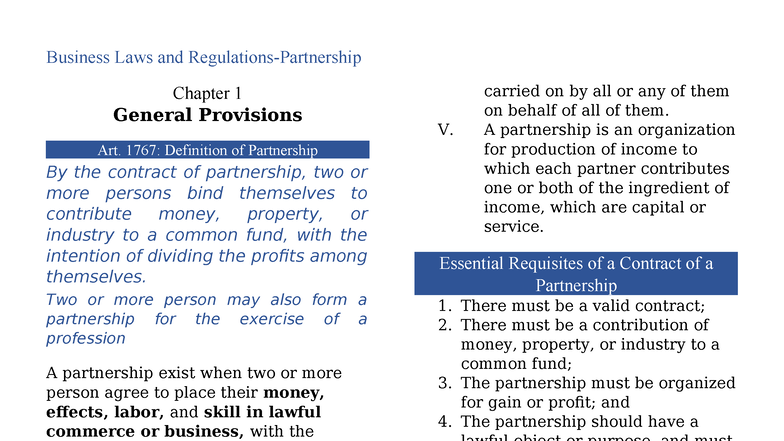 Business Laws (BL101): Chapter 1 - General Provisions on Partnership ...