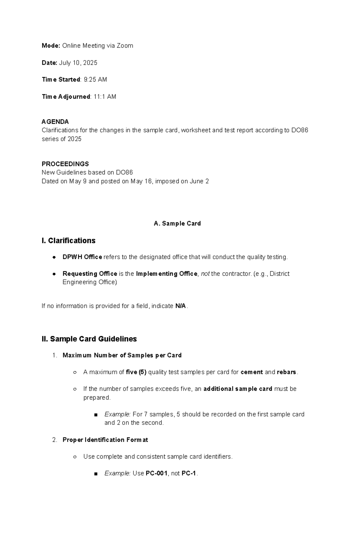 DPWH Meeting 07-10-25: Guidelines on Sample Card & Test Reports - Studocu