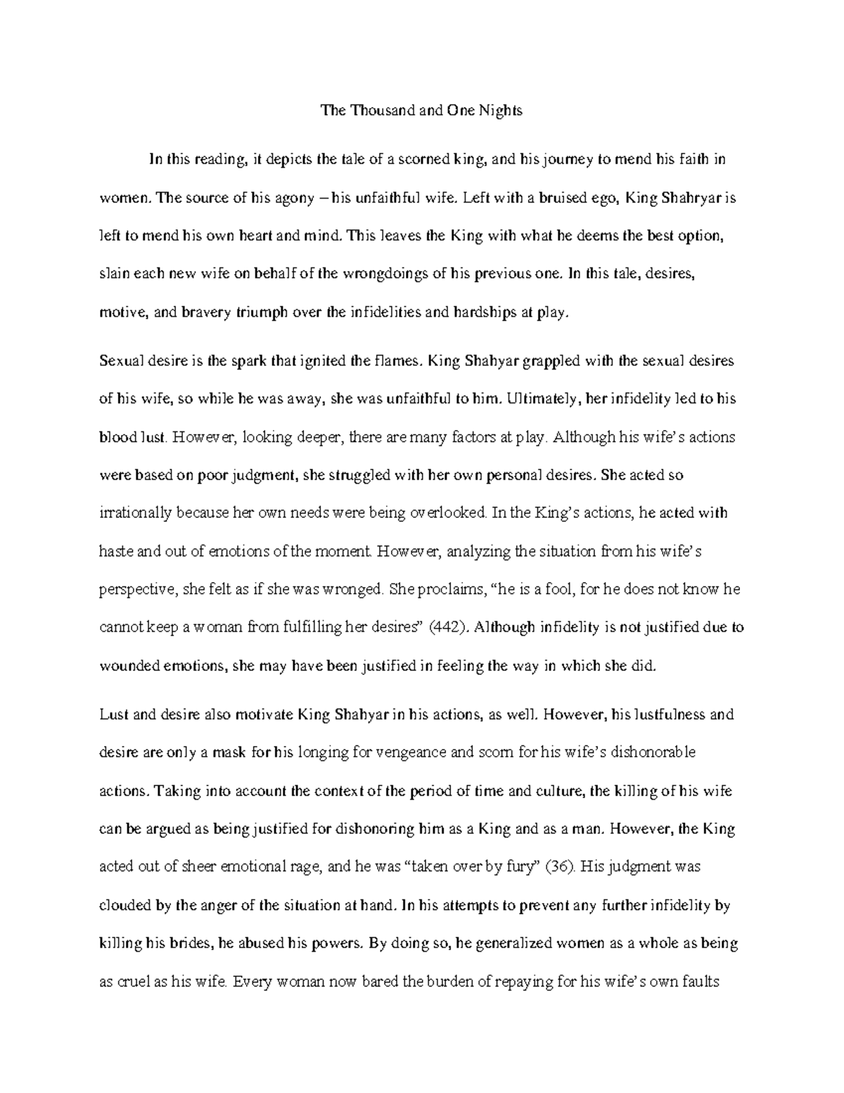 Analysis of Themes in The Thousand and One Nights: King Shahryar's ...