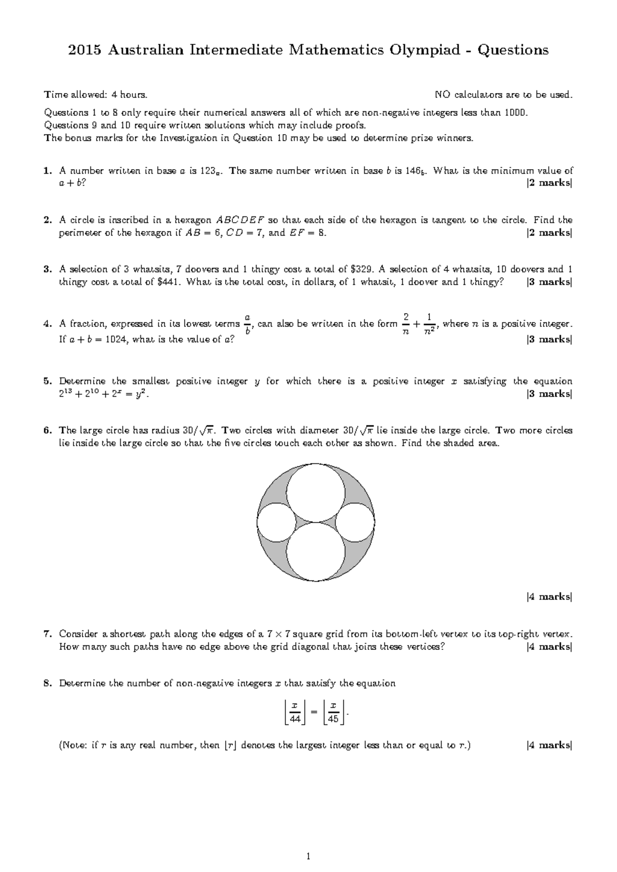 AIMO 2015 - Australian Intermediate Math Olympiad Questions - Studocu