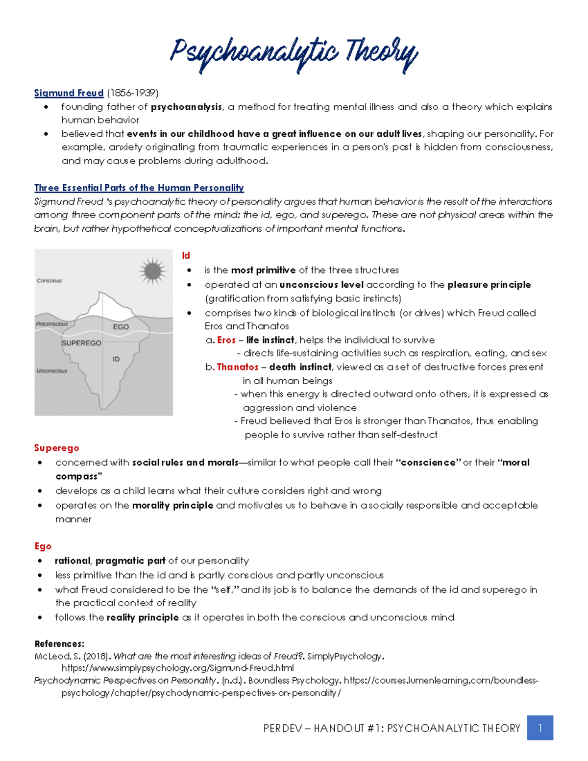 1 Sigmund Freuds Psychoanalytic Theory - PERDEV – HANDOUT #1 ...