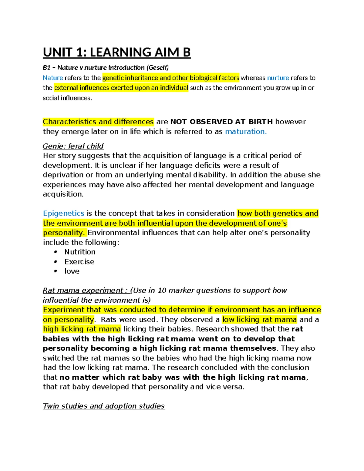 Unit 1 - Health & Social Care: Infancy Development Overview - Studocu