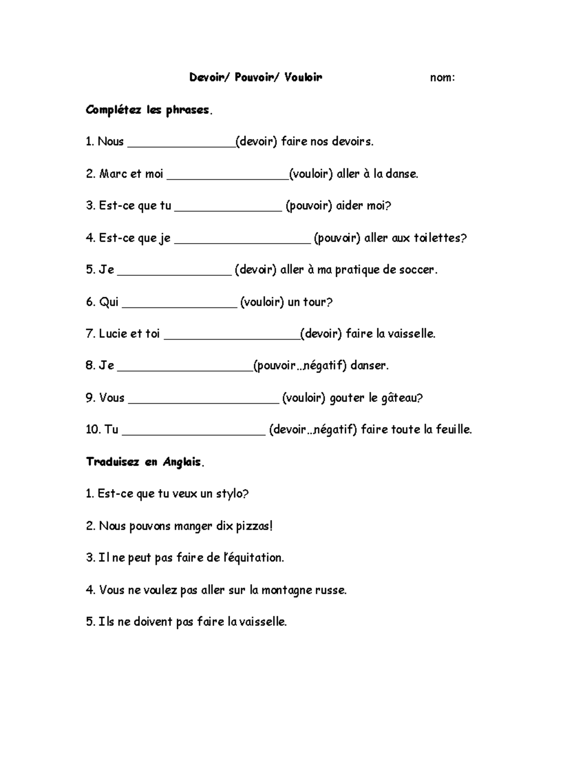 Devoir, Pouvoir, Vouloir: Worksheet for French Practice - Studocu