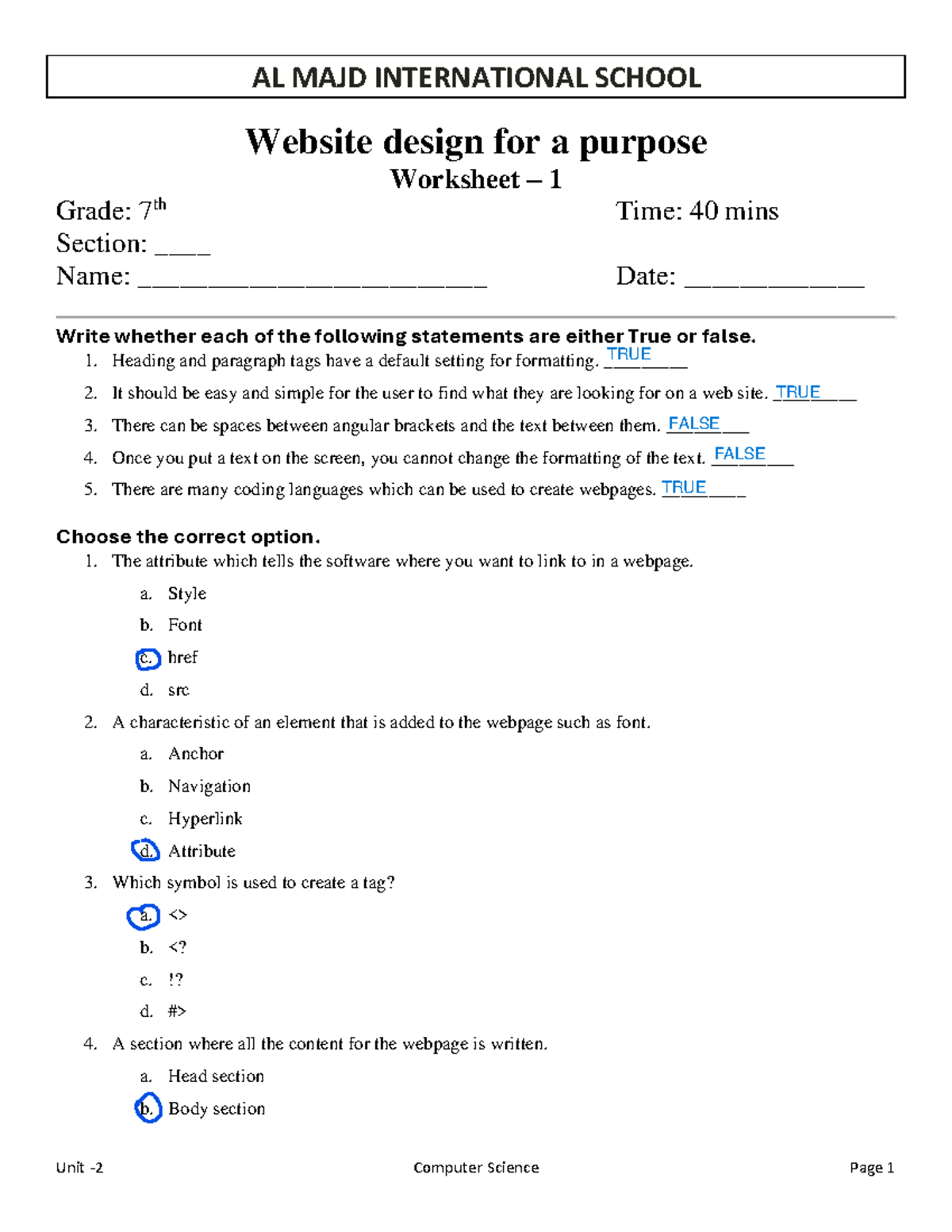 Chapter 2 - Worksheet 1 - Website Design Basics for Grade 7 - Studocu