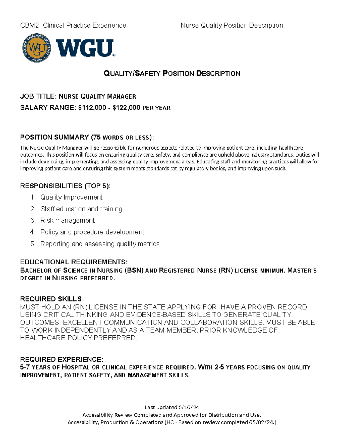 CBM2: Nurse Quality Manager Position Description - Studocu