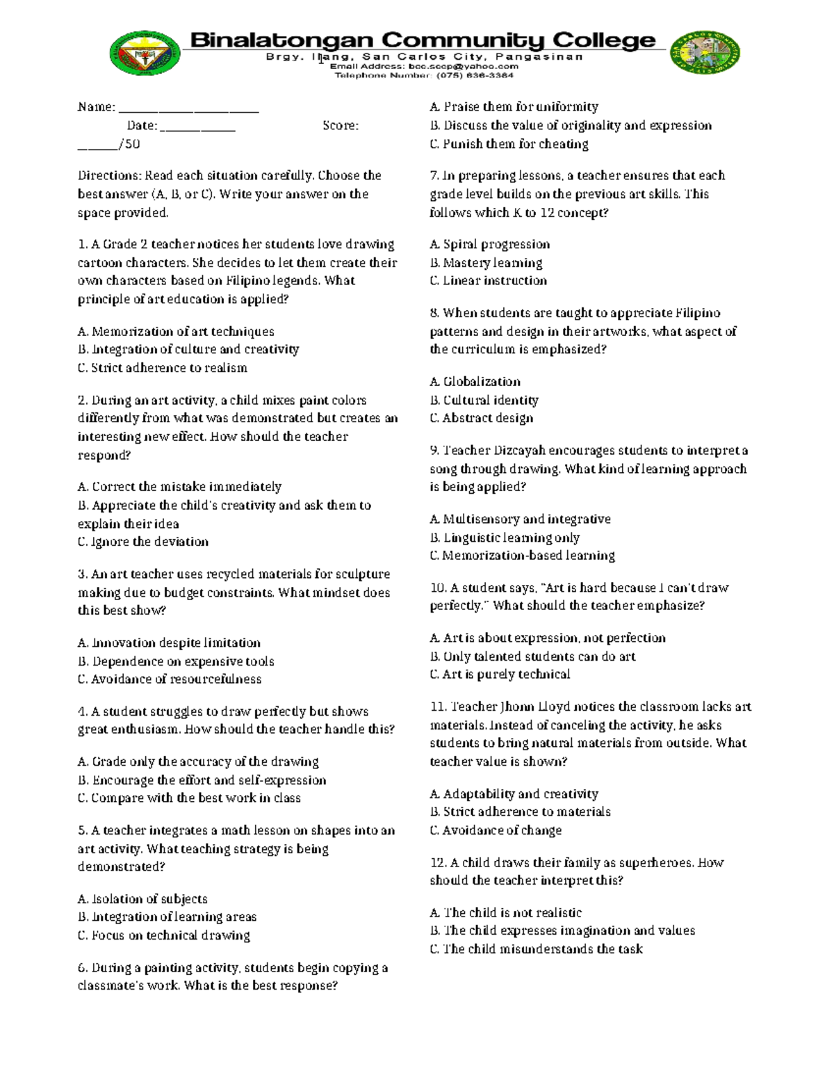 Midterm Exam Review: Teaching Arts (2025-2026) - Studocu