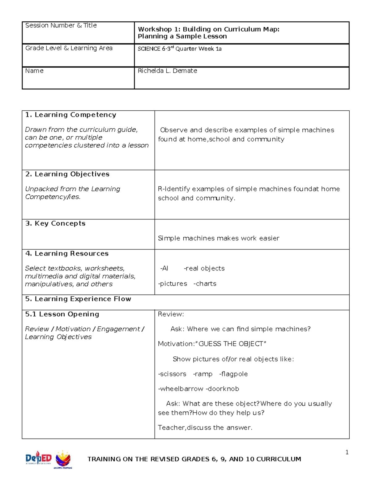 WS1: Sample Lesson Plan on Simple Machines for Science 6, 3rd Q - Studocu