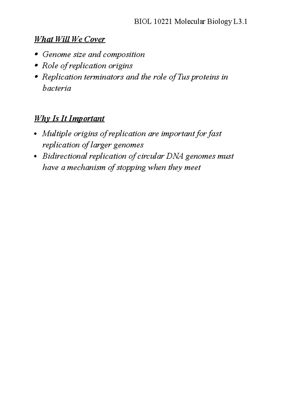 BIOL 10221 Molecular Biology L3.1: Understanding Genome Structure and ...