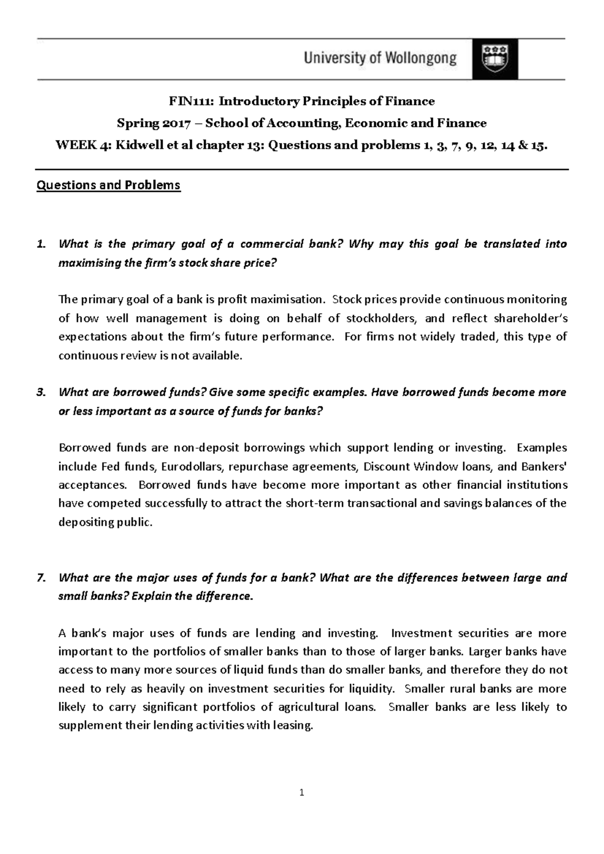 FIN111 - Tutorial Solutions Week 4 - Introductory Principles of Finance ...