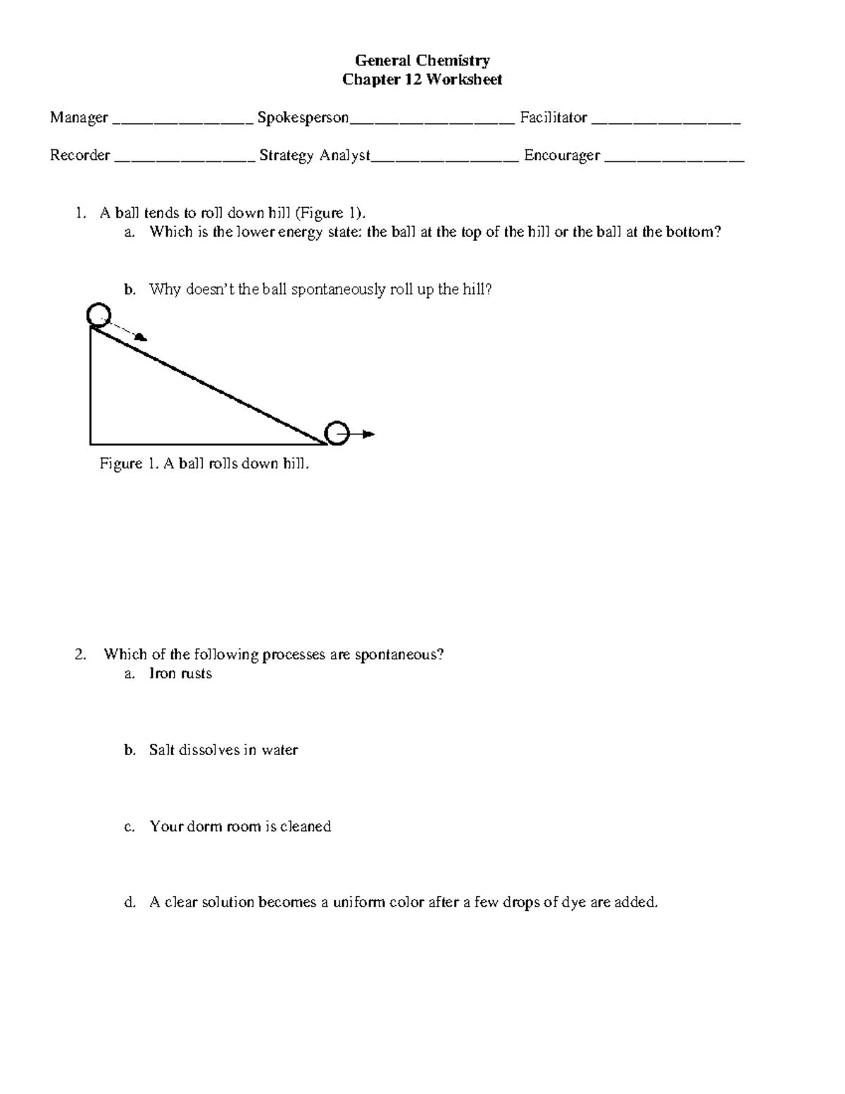 General Chemistry CH12 Worksheet: Energy States & Spontaneous Processes ...