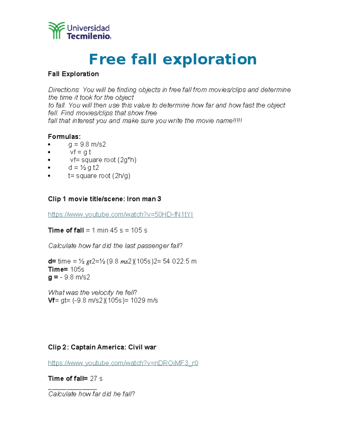 Free fall exploration-matter and energy - Free fall exploration Fall ...