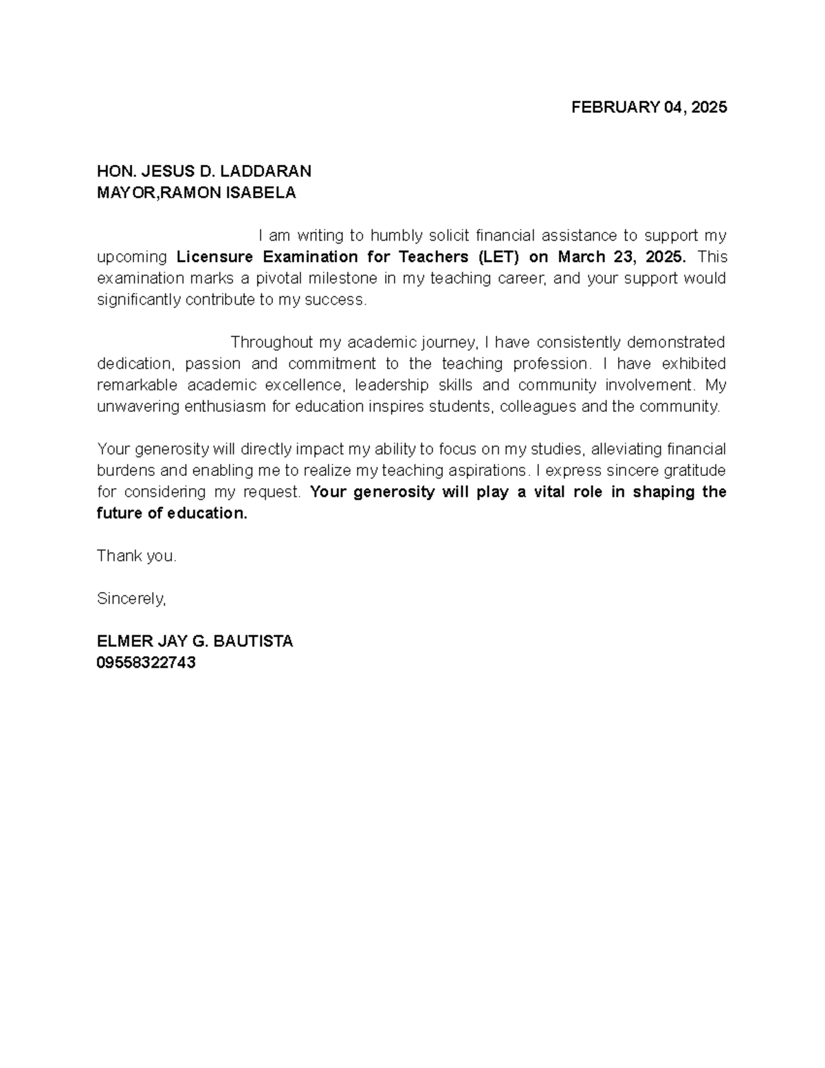 Elmer LET Solicit - for academic - FEBRUARY 04, 2025 HON. JESUS D ...