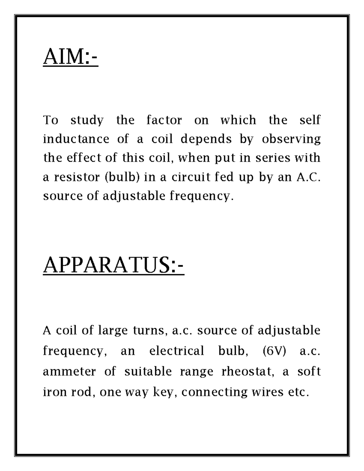 Self Inductance Study with A.C. Circuit: PHYS 6 Lab Experiment - Studocu