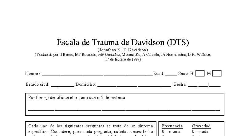 Escala de Trauma de Davidson (DTS): Cuestionario y Evaluación - Studocu