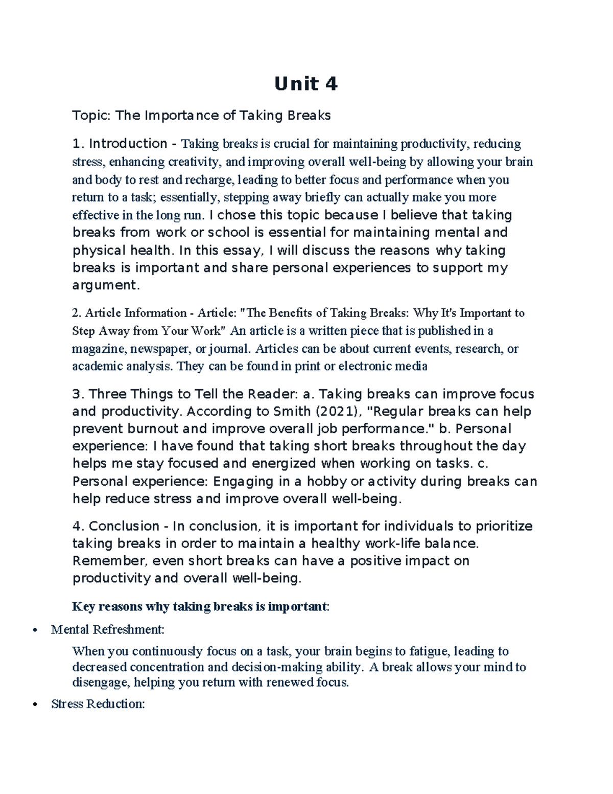 Unit 4 - The Importance of Taking Breaks: Enhancing Productivity - Studocu