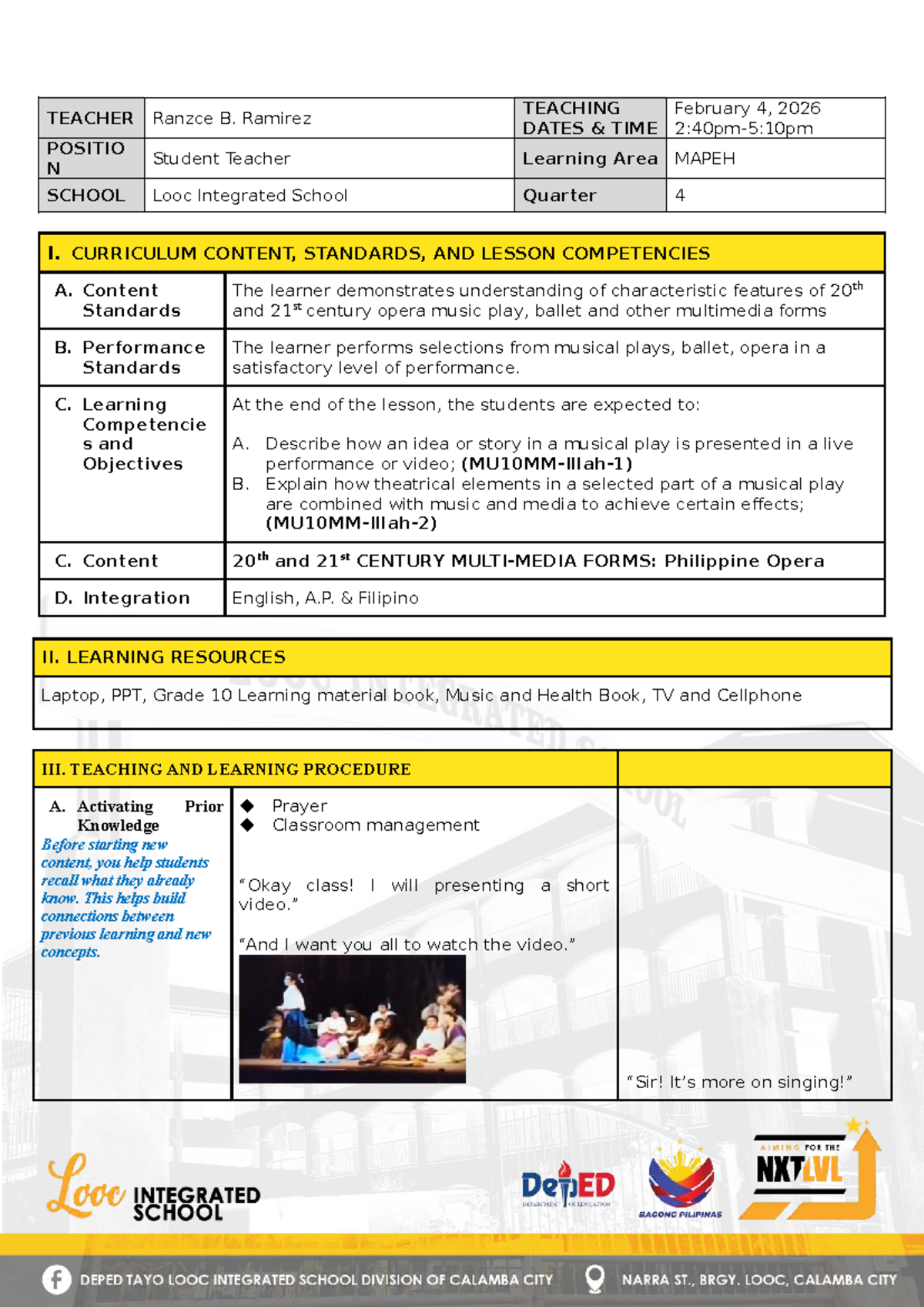 Philippine Opera: 20th & 21st Century Forms - Lesson Plan - Studocu