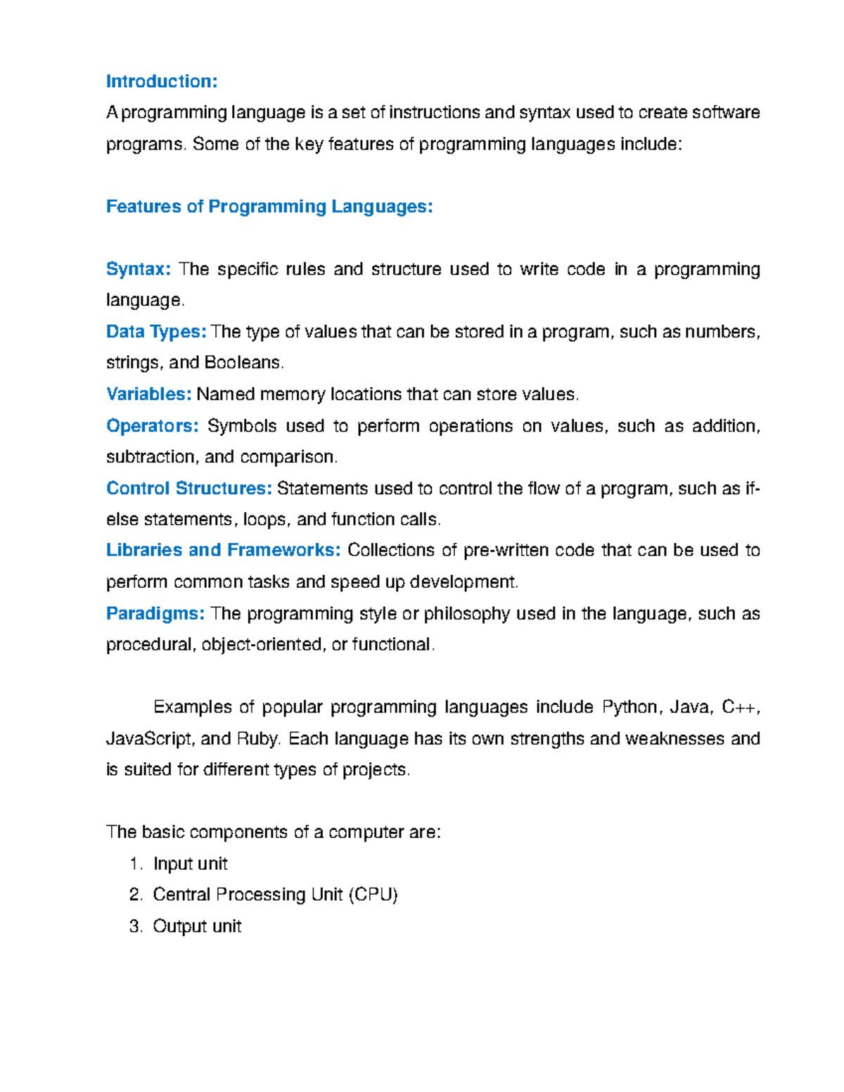 Introduction to Programming Languages - DS UNIT 1 - Studocu