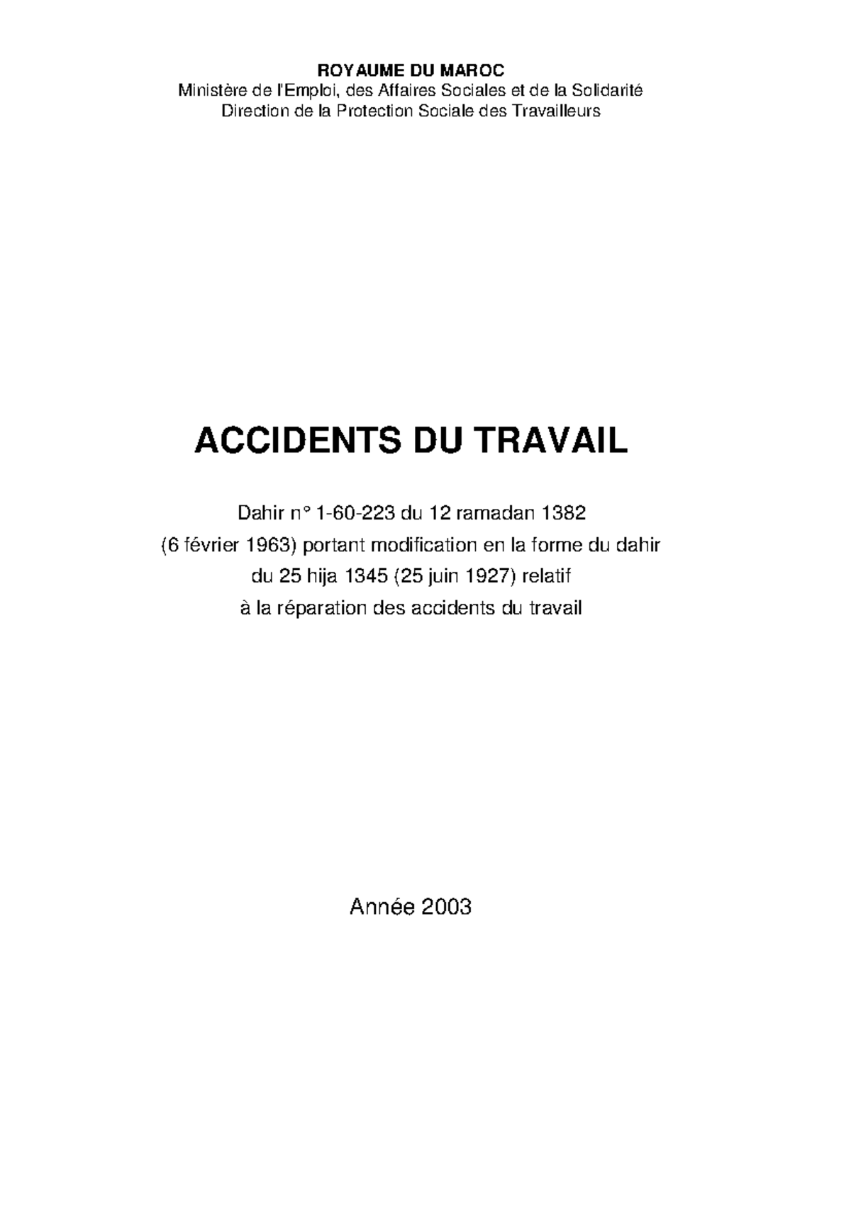 Accidents du Travail au Maroc: Modifications du Dahir 1963 - Studocu