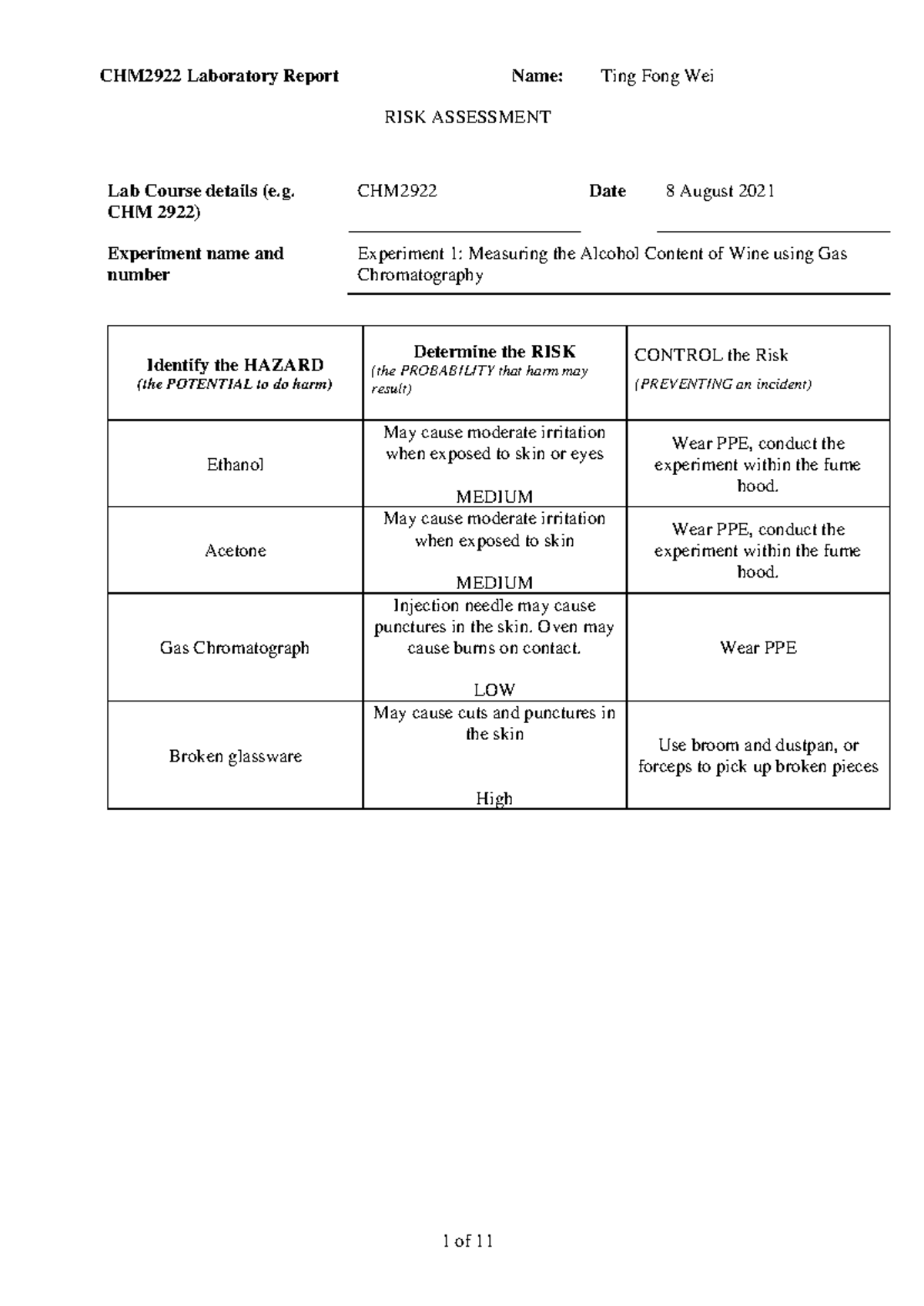 Experiment 1: Measuring the Alcohol Content of Wine using Gas Chromatography - CHM2922 ...