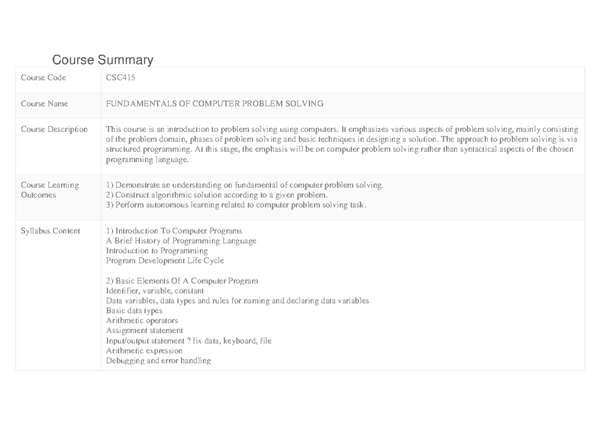 Course Summary CSC415 - Course Summary Course Code CSC415 Course Name FUNDAMENTALS OF COMPUTER ...