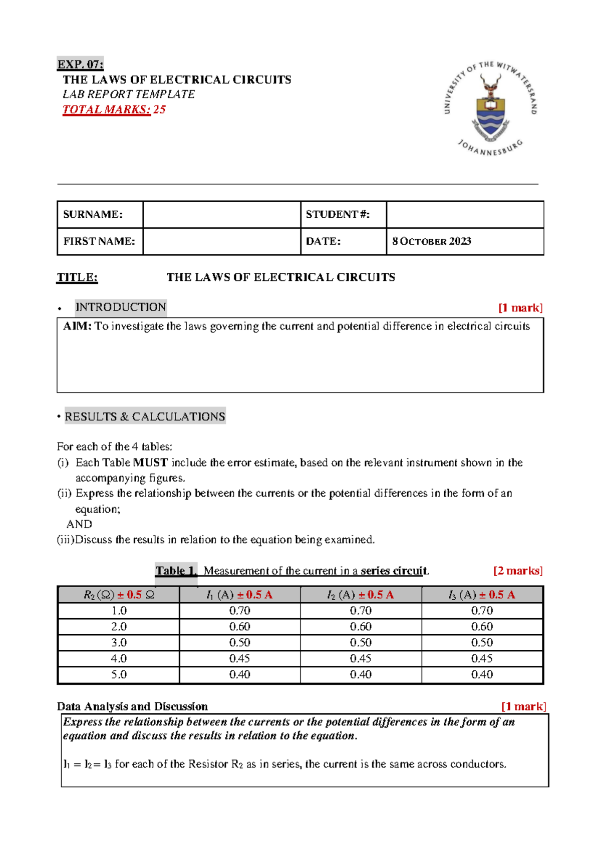 Expo 07: The laws of electrical circuits lab report template - Studocu