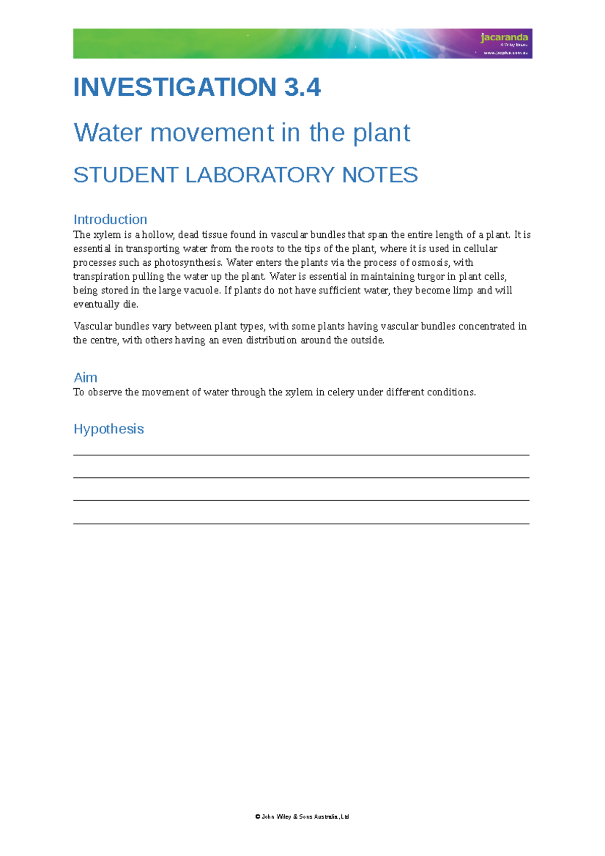 Water Movement in Plants Prac - INVESTIGATION 3. Water movement in the ...