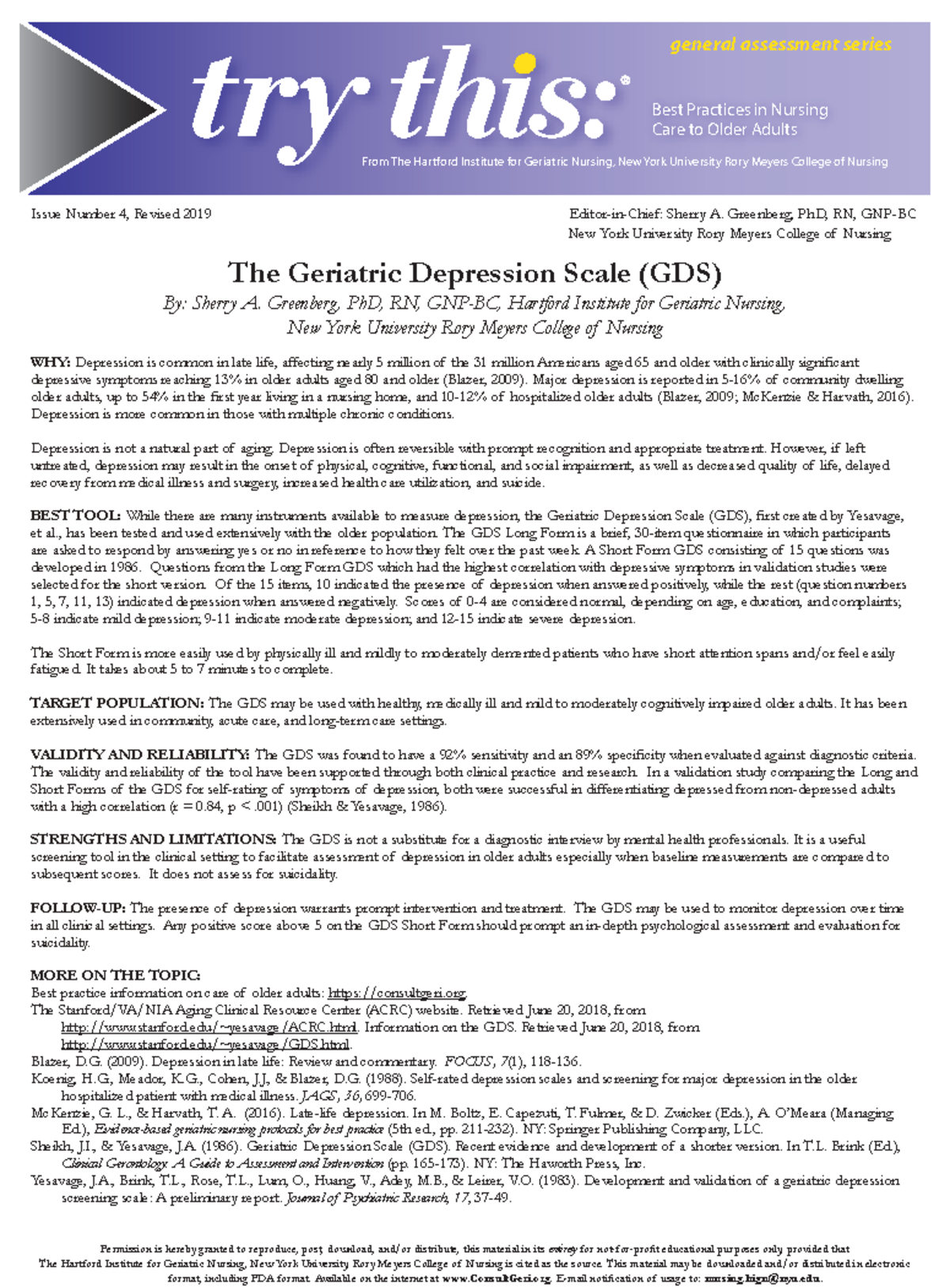 Depression Scale - From The Hartford Institute for Geriatric Nursing ...