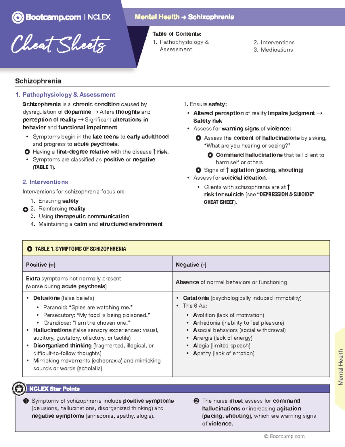 Schizophrenia Cheat Sheet: Pathophysiology, Interventions & Meds - Studocu