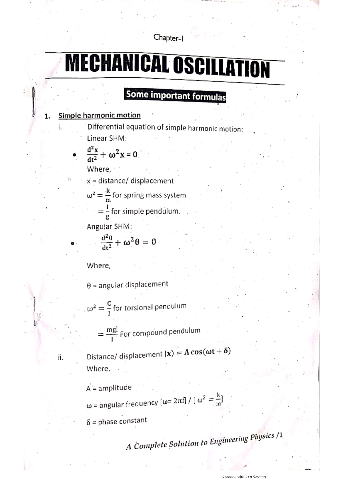 Mechanical Oscillation: Key Formulas and Concepts (PHYS 101) - Studocu