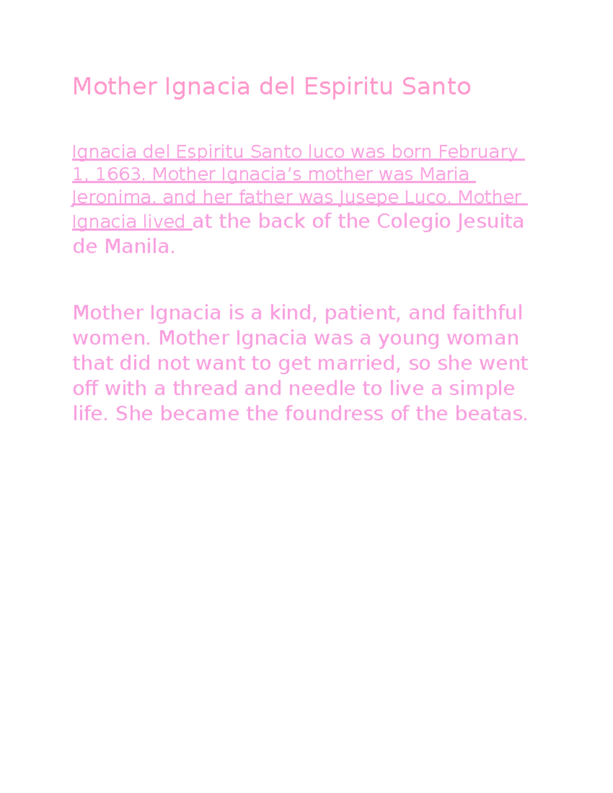 Mother Ignacia del Espiritu Santo summary - Mother Ignacia del Espiritu ...