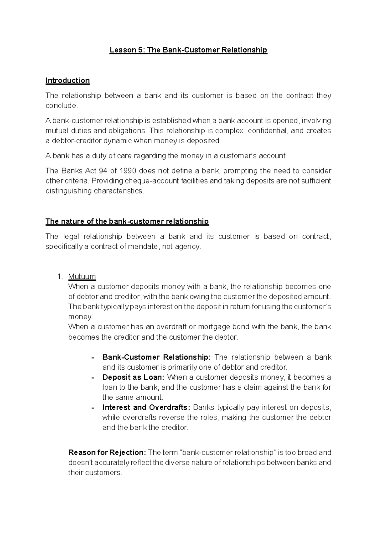 Lesson 5: Understanding the Bank-Customer Relationship - Studocu
