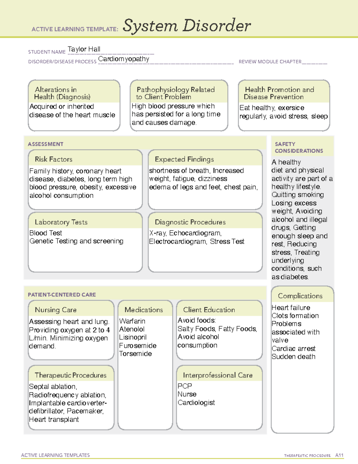 Active Learning Template: System Disorder Cardiomyopathy Overview - Studocu