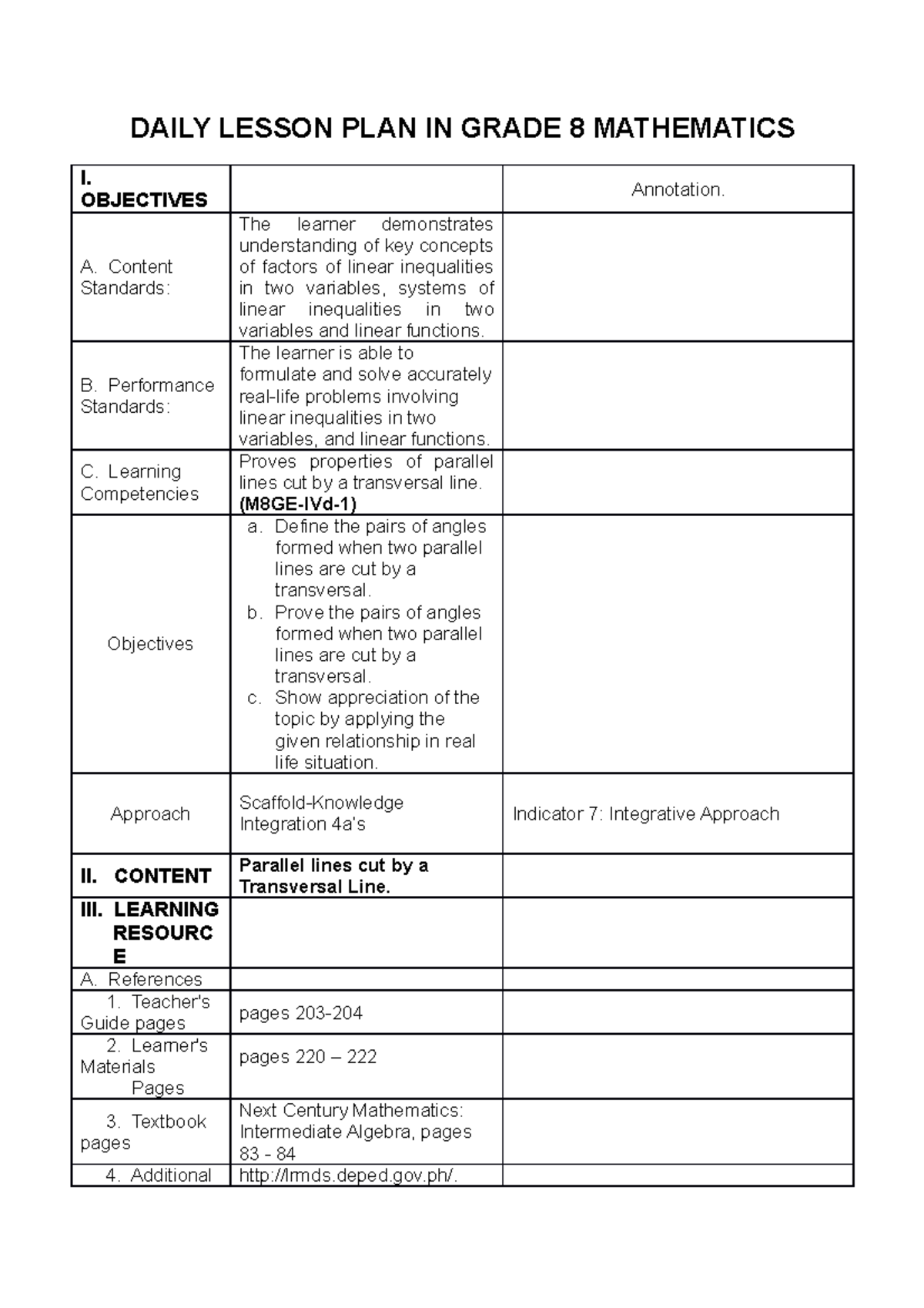 Jeremy-COT-4 - Grade 8 Math Lesson Plan on Parallel Lines and Angles ...