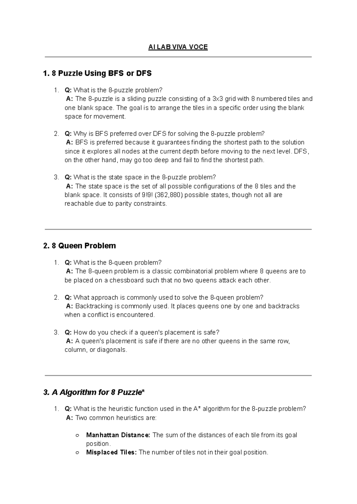 AI LAB VIVA VOCE - Key Concepts and Questions for Practice - Studocu