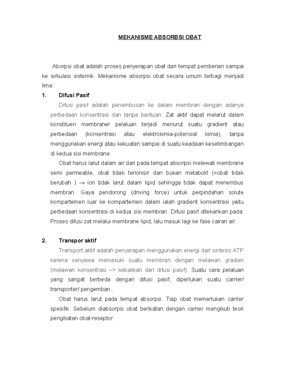 MEKANISME ABSORPSI OBAT: Proses dan Faktor yang Mempengaruhi - Studocu