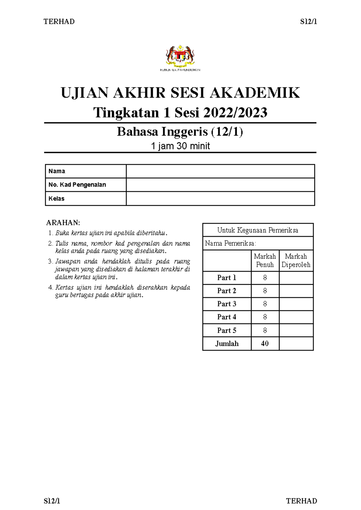 UASA BI 12 1 T1 - Final Exam Paper 1 English for Form 1 2022/23 - Studocu