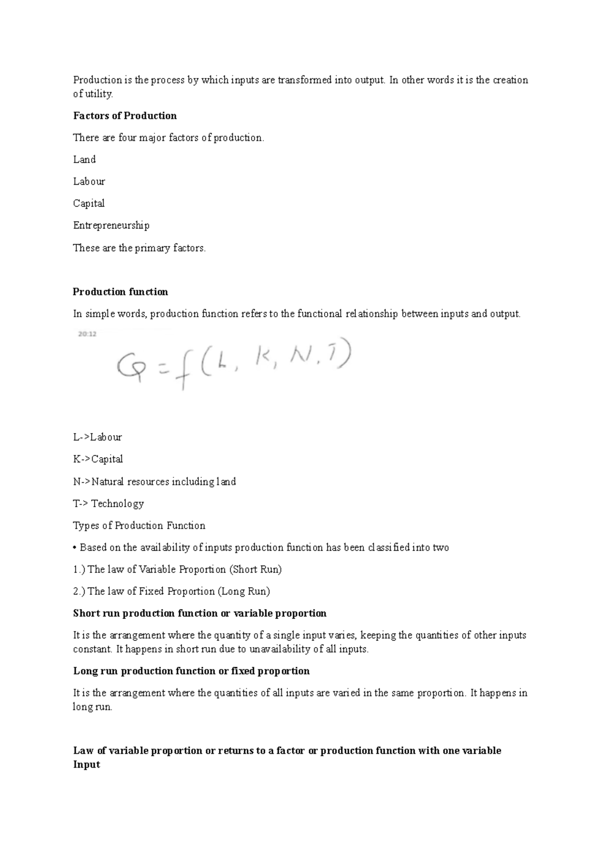 M2 - Module 2 summary - Production is the process by which inputs are ...