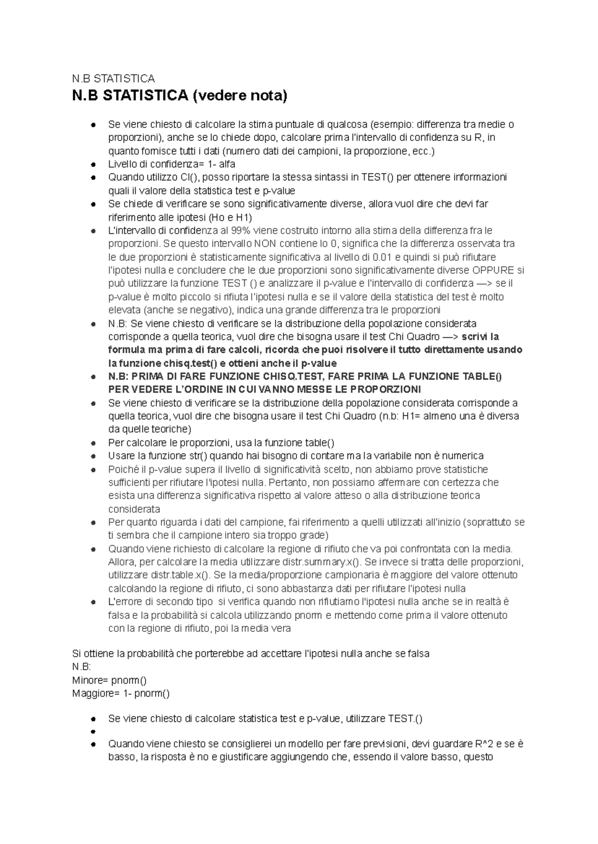 N.B STATISTICA - Guida alla Stima e Test di Ipotesi - Studocu
