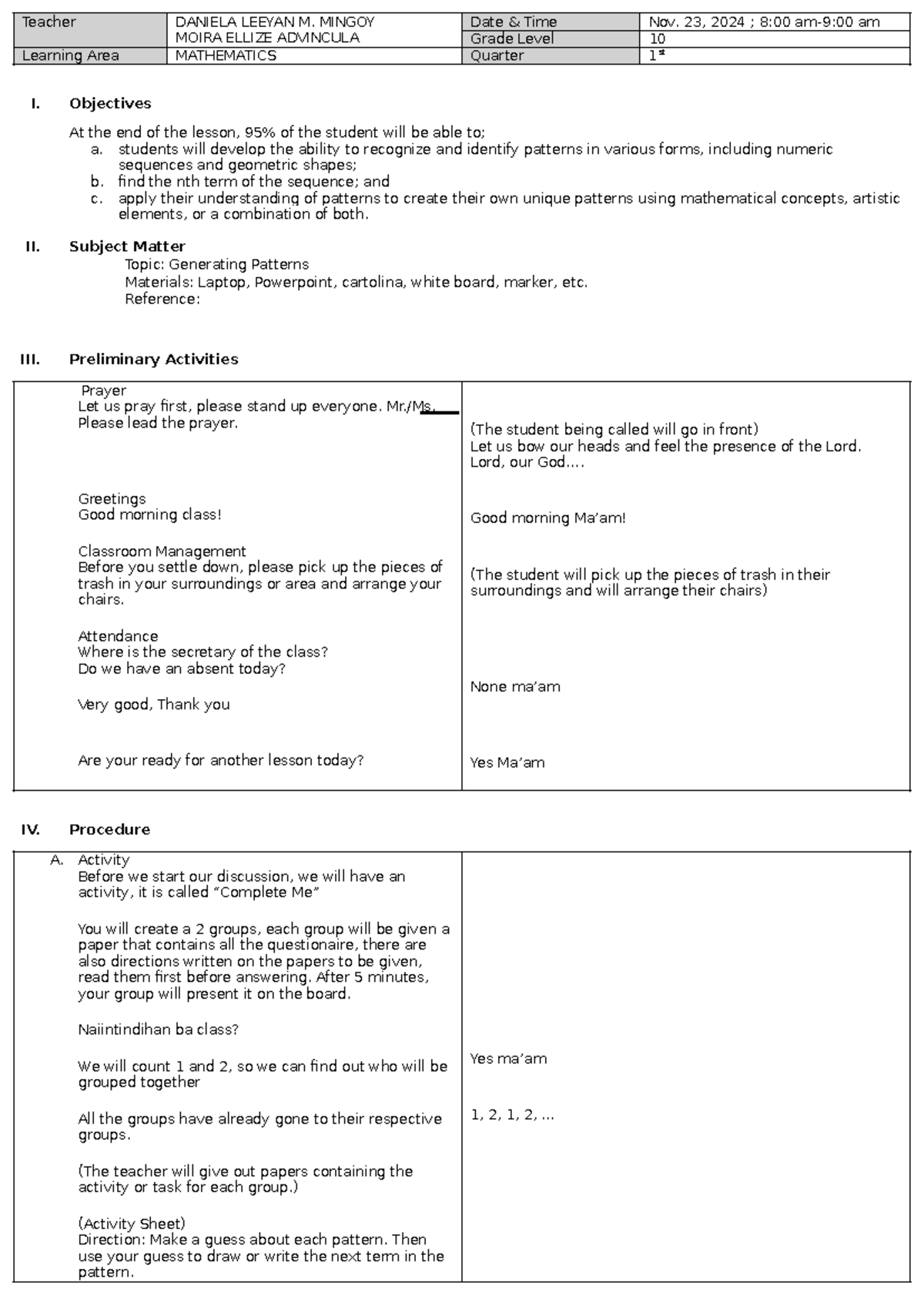 Mathematics Lesson Plan: Generating Patterns (Grade 10, 1st Quarter ...