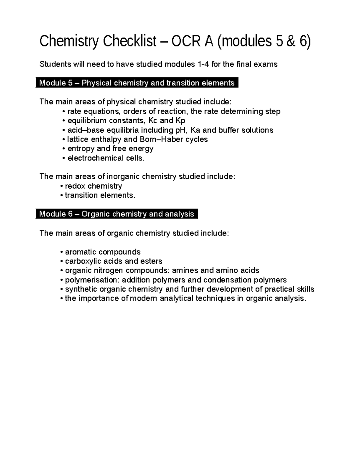 OCR A A-Level Chemistry Final Exam Checklist: Modules 5 & 6 - Studocu