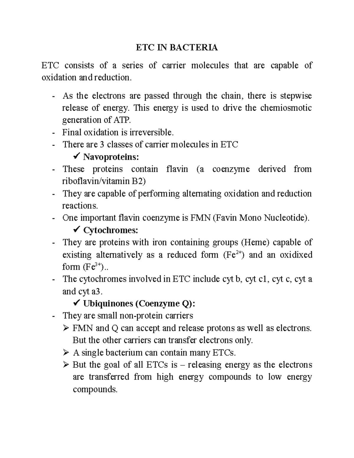 ETC in Bacteria: Carrier Molecules and Energy Release Mechanisms - Studocu