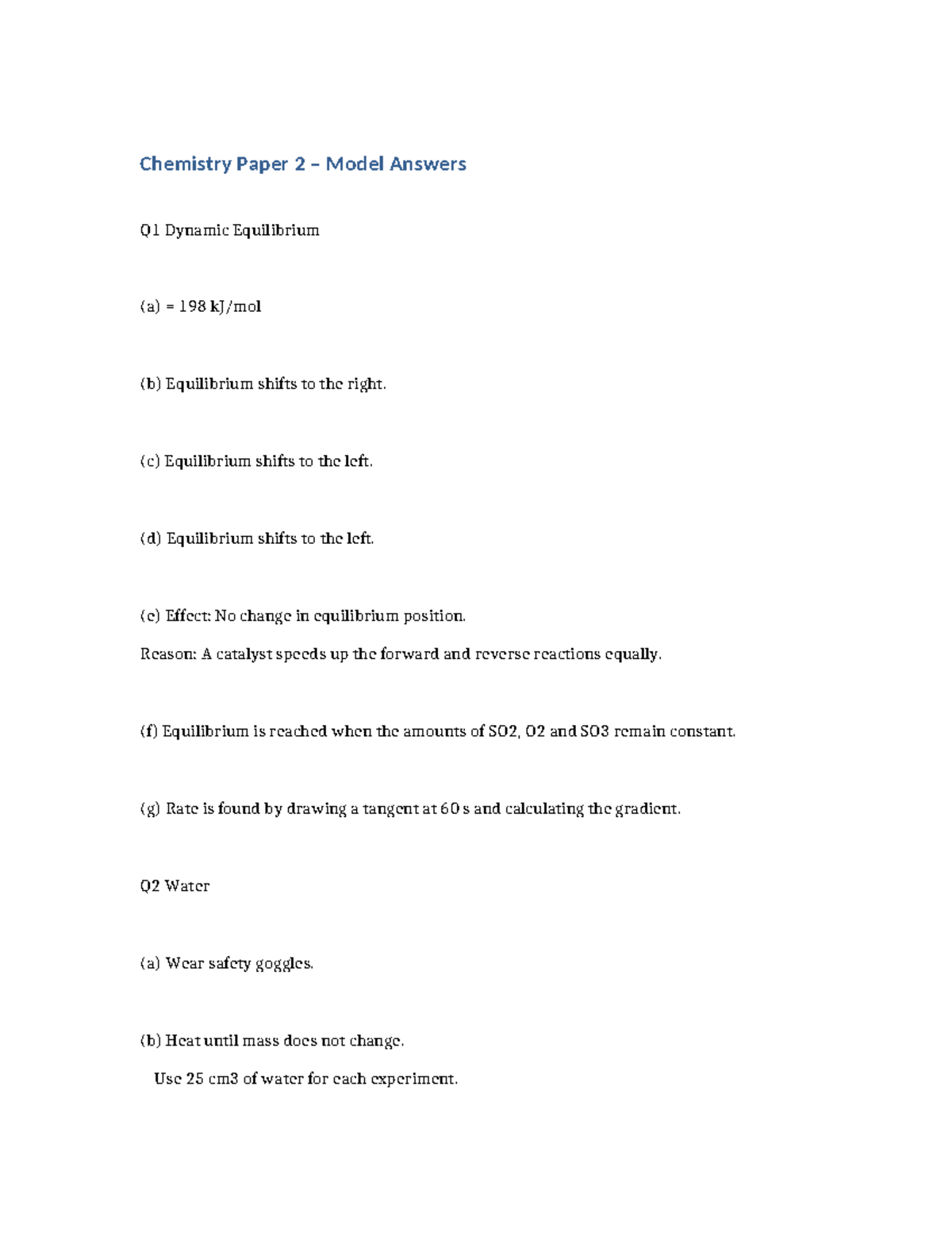 Chemistry Paper 2 Model Answers: Dynamic Equilibrium & Reactions - Studocu