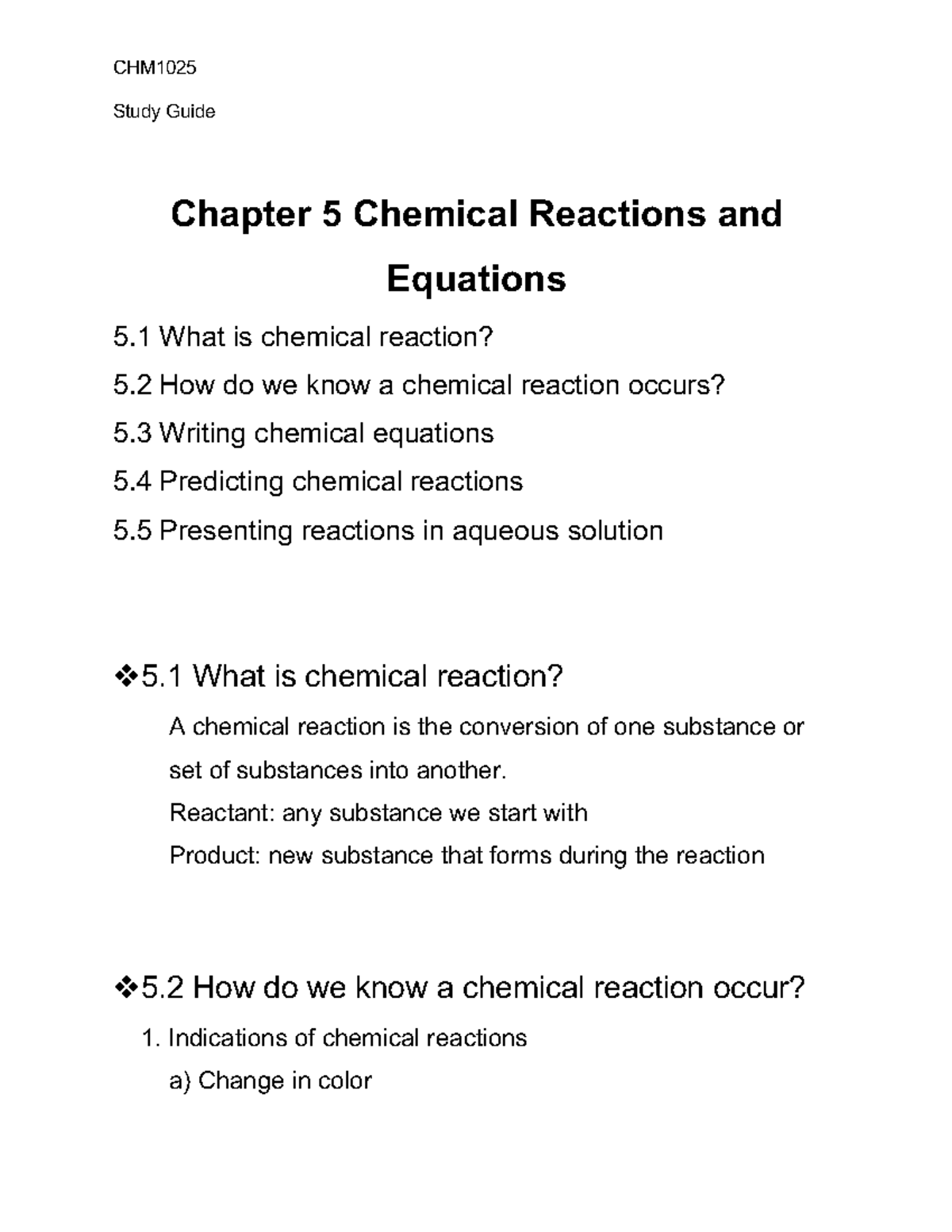 CHM1025 Study Guide: Chapter 5 - Chemical Reactions & Equations - Studocu