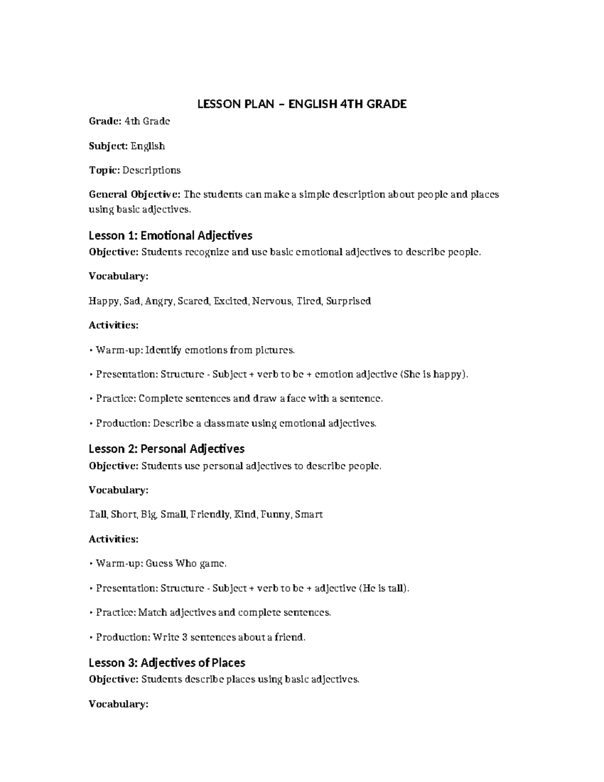 LESSON PLAN: DESCRIPTIONS IN ENGLISH (4TH GRADE) - Studocu