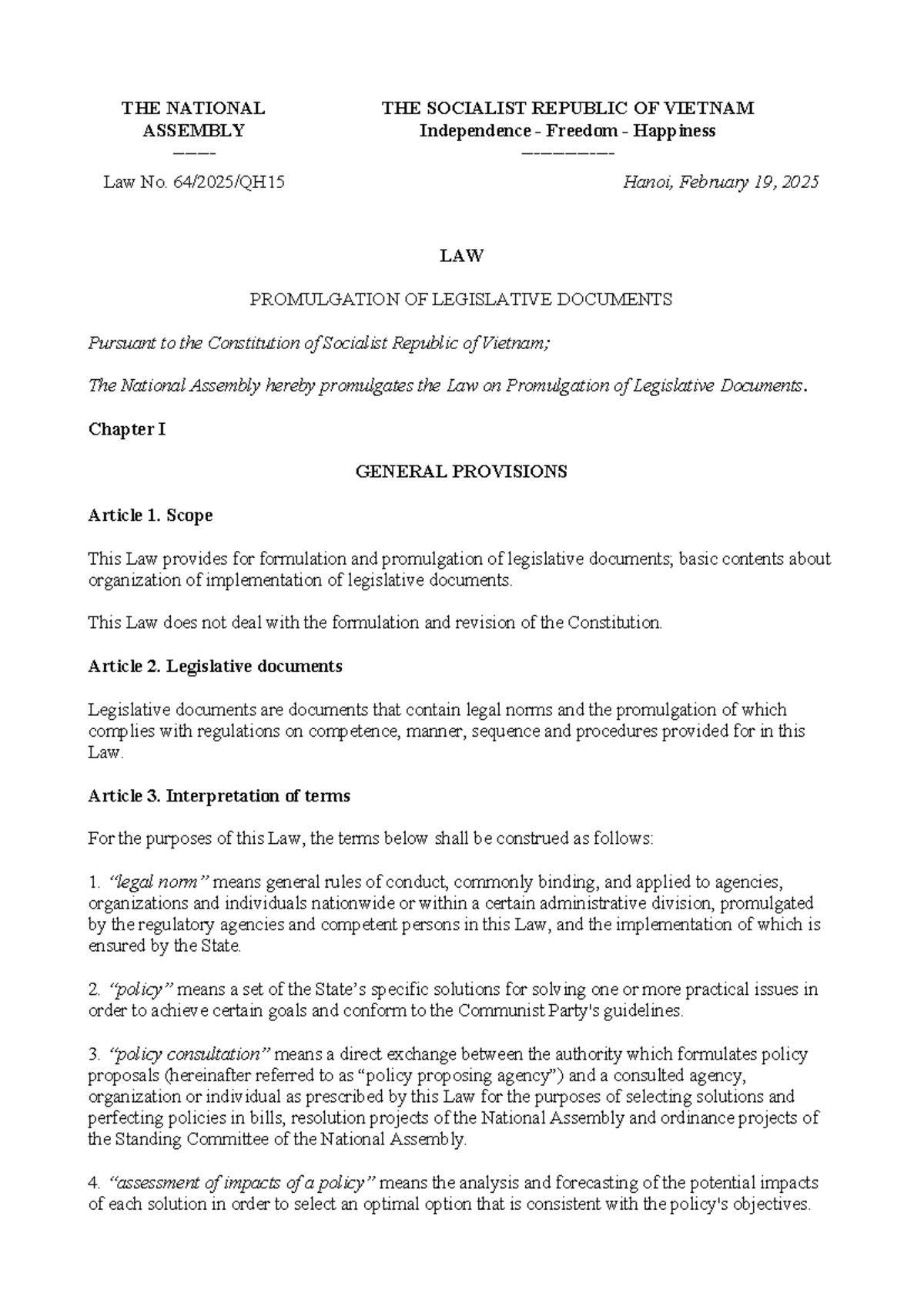 Law No. 64/2025/QH15: Promulgation of Legislative Documents in Vietnam ...