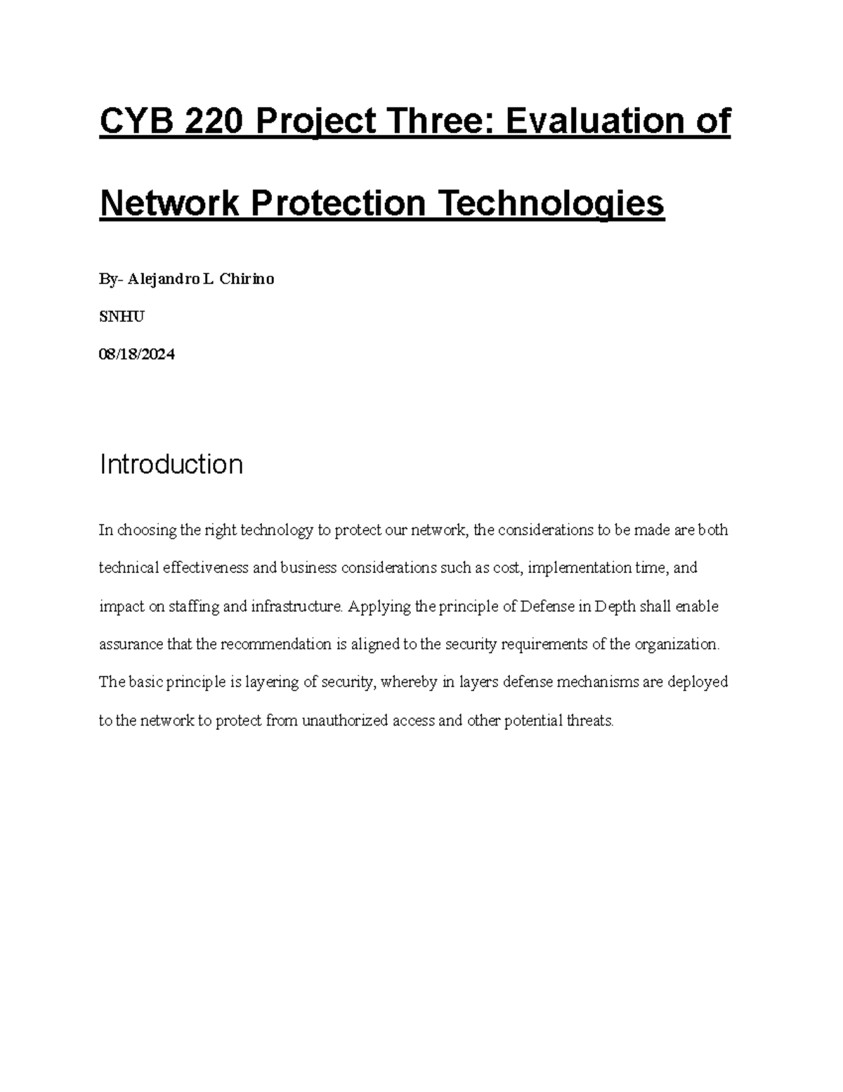 CYB 220 Project Three Evaluation of Network Protection Technologies ...