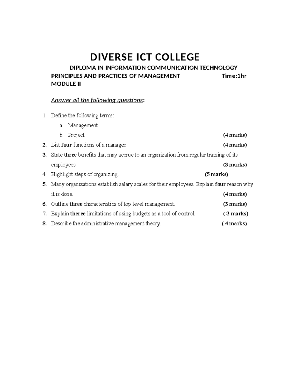DIPLOMA IN ICT: PRINCIPLES & PRACTICES OF MANAGEMENT MODULE II - Studocu